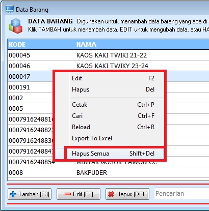 Menghapus Secara Satu-Persatu dan Keseluruhan Data Barang Software Toko