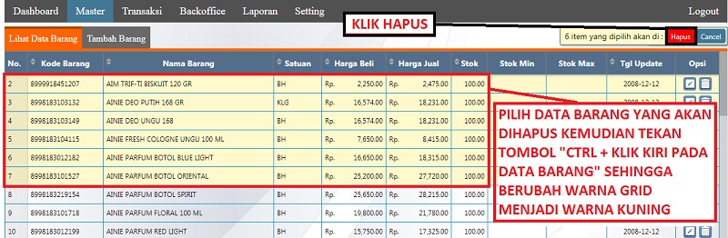 Hapus Data Barang Secara Banyak Pada Software Toko Versi Online